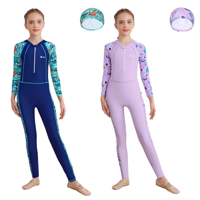 YONGHS Kids One-piece Long Sleeves Cartoon Print Front Zip Swimsuit ...