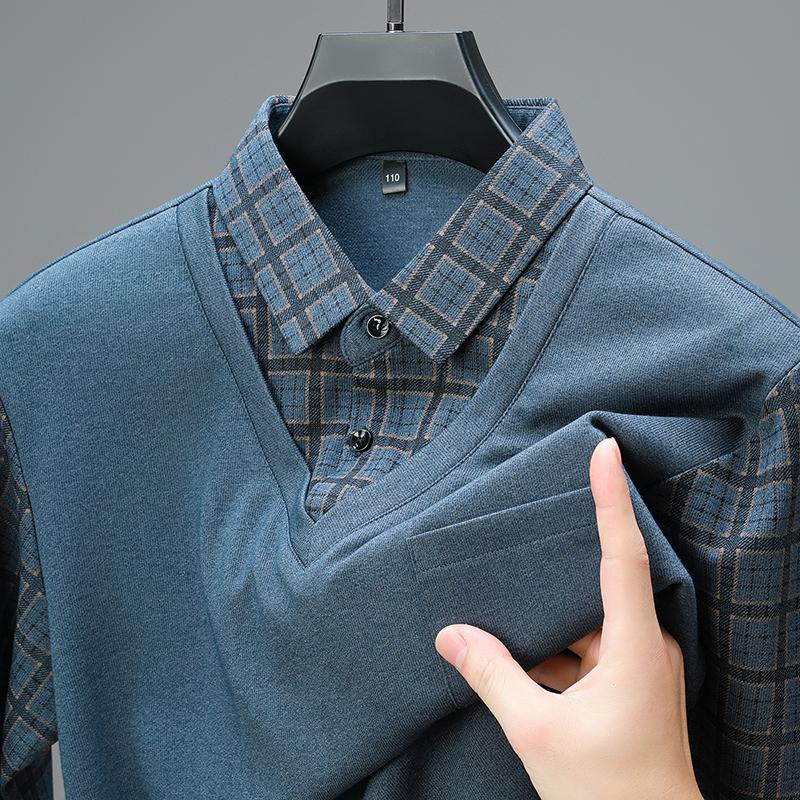 Spring New Long Sleeve POLOs Men's T-shirt Lapel Loose Plaid Bottom ...