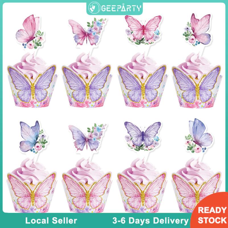 16pcs Topper Kek Cawan Tema Rama-rama, Pembungkus Bunga, Hiasan ...