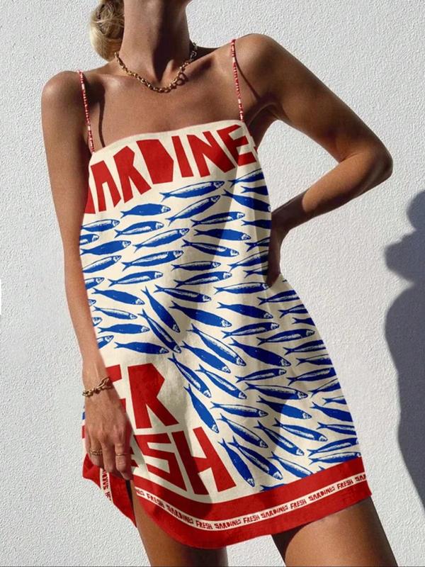 Women's Sardine Print Suspender Dress, Casual Boho Sleeveles - TikTok Shop
