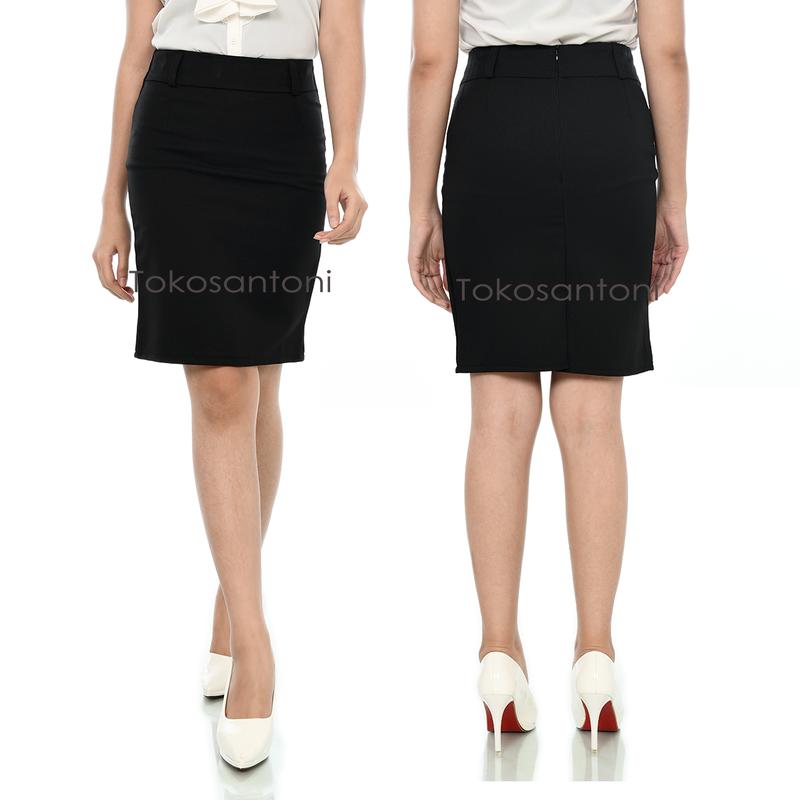 Rok Span Kantor Wanita Formal Selutut Hitam Abu Polos Katun Slim ...