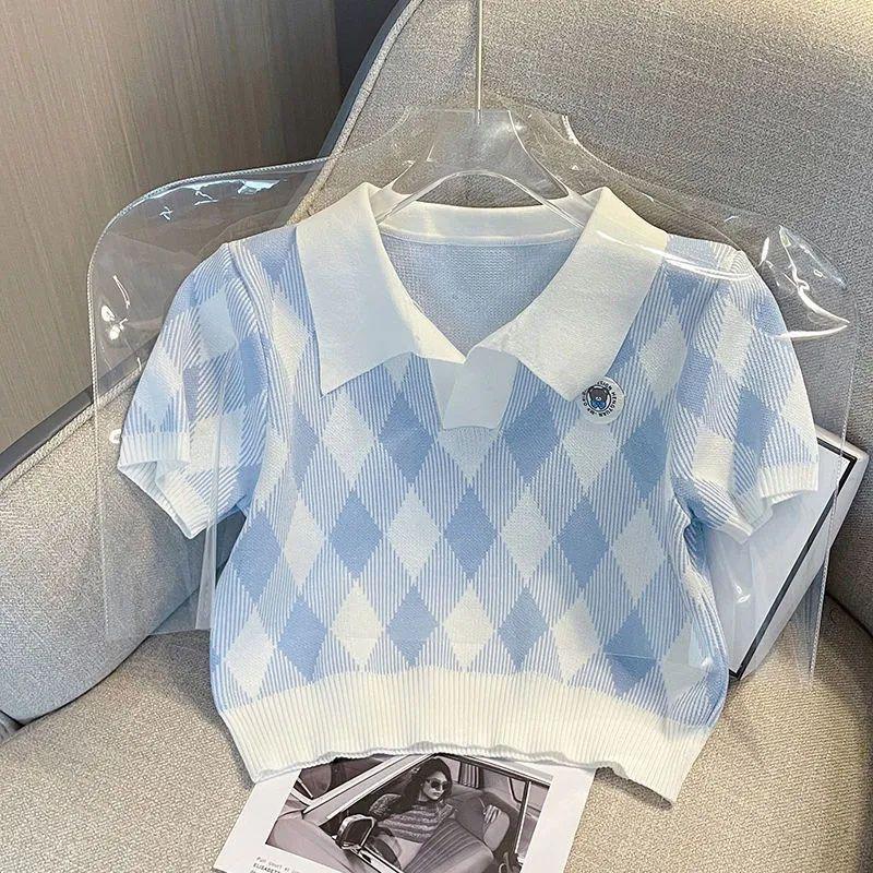 Kemeja-T lengan pendek sutera ais untuk wanita, Gaya Preppy baharu ...