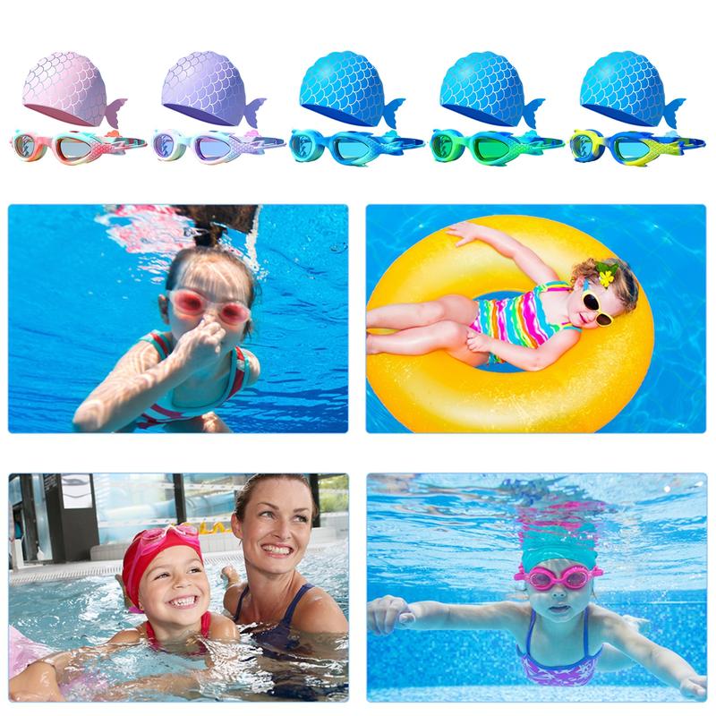 2pcs/set Cute Mermaid Swimming Goggles with Silicone Swimming Cap Anti ...