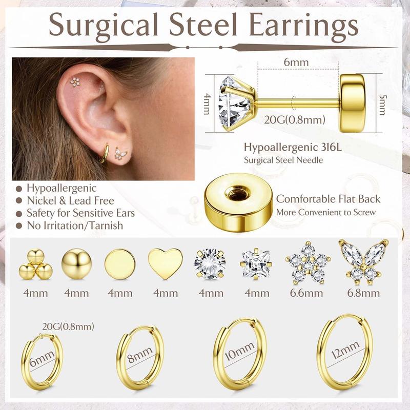 TikTok Shop Surgical Steel Earrings for Sensitive Ears 14K Gold Flat Back Earrings for Women Men Small Stainless Steel Earrings Flatback Stud Hoop Cartilage Earring Set for Multiple Piercing