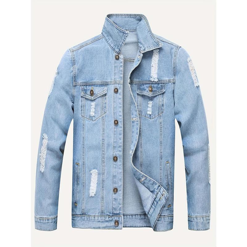 [Ripped Denim Jacket] Cotton Blend Men's Ripped Denim Jacket - TikTok Shop