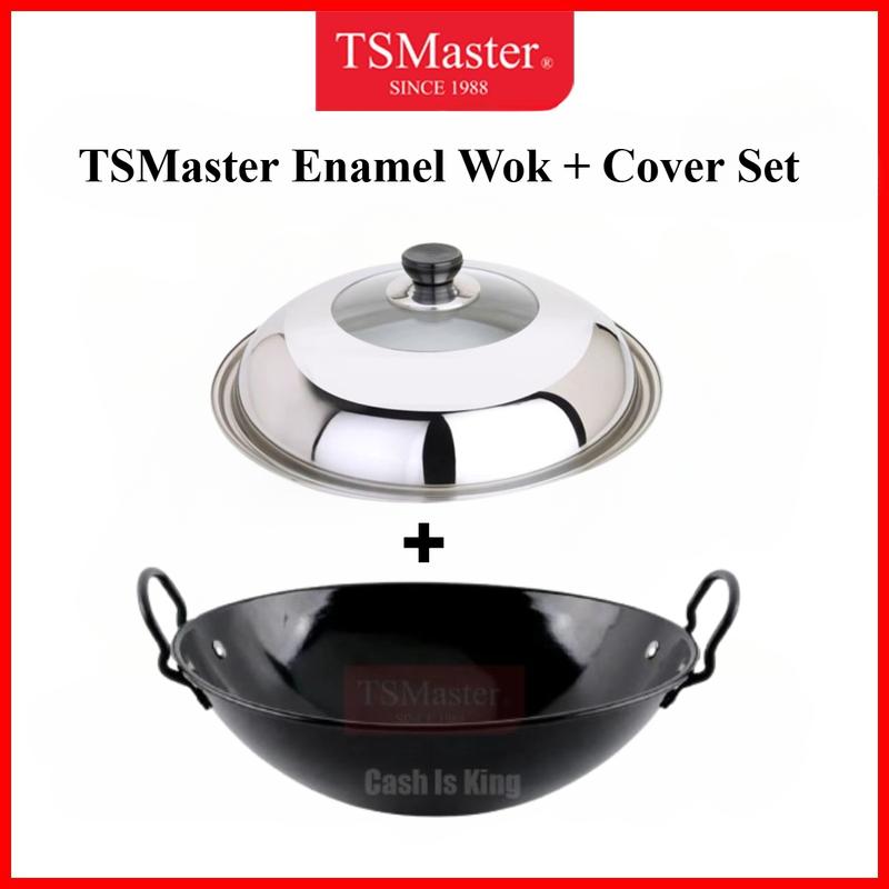 TSMaster Kuali Hitam Enamel Wok With Lid Set Double Handle Thick Kuali ...