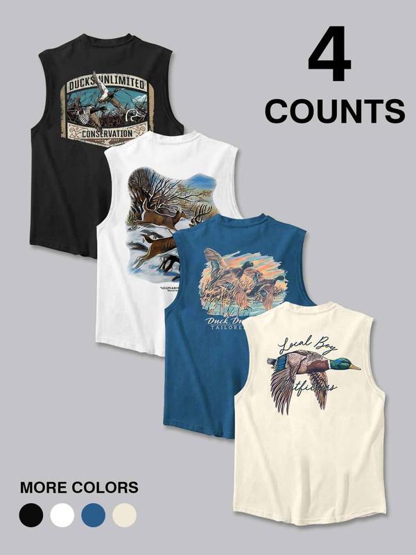 Men's Regular Fit Duck & Bird Print Tank Top, Casual Sleeveless Crew ...