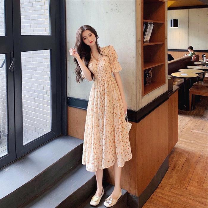 Promo RRNS 437 Dress Bunga Floral Oren Elegan Panjang lengan pendek ...