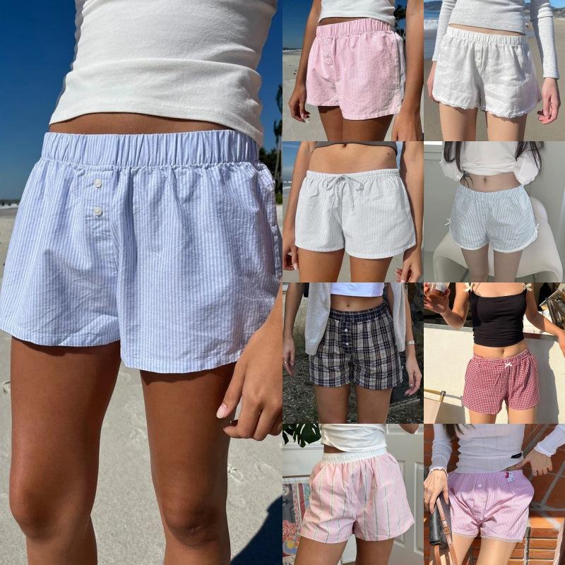 Summer Striped Woven Elastic High Waist Button-Up Shorts Womenswear ...