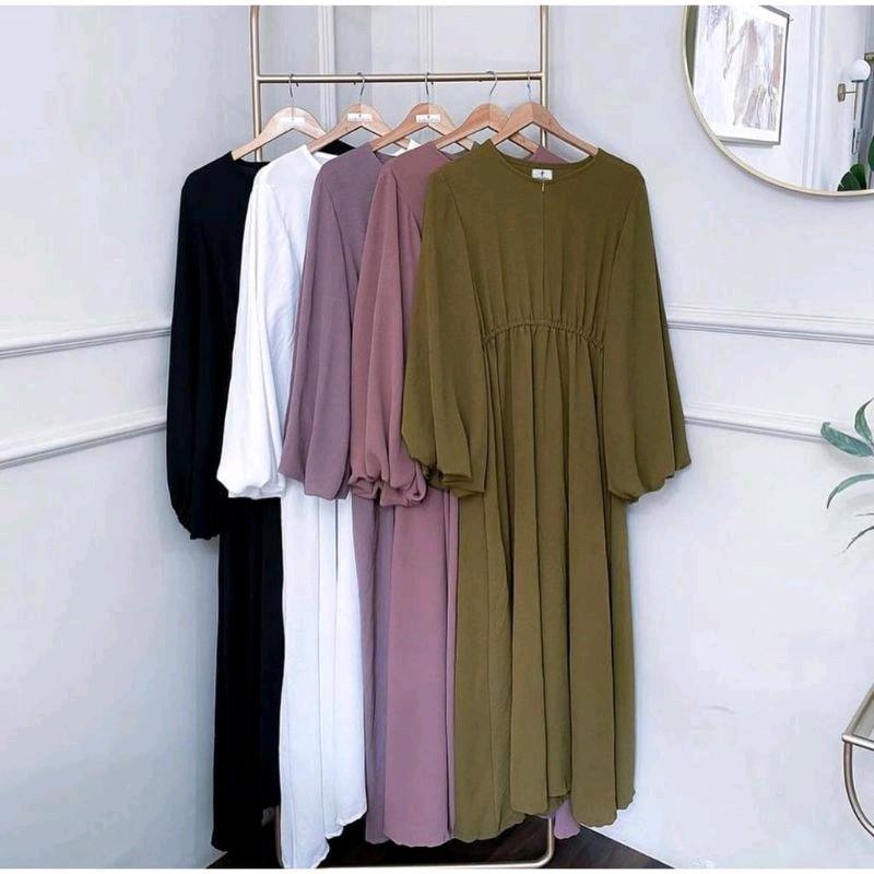 GAMIS CRINKLE AIRFLOW KARET PINGGANG LENGAN BALON Dress Nyaman - Shop ...