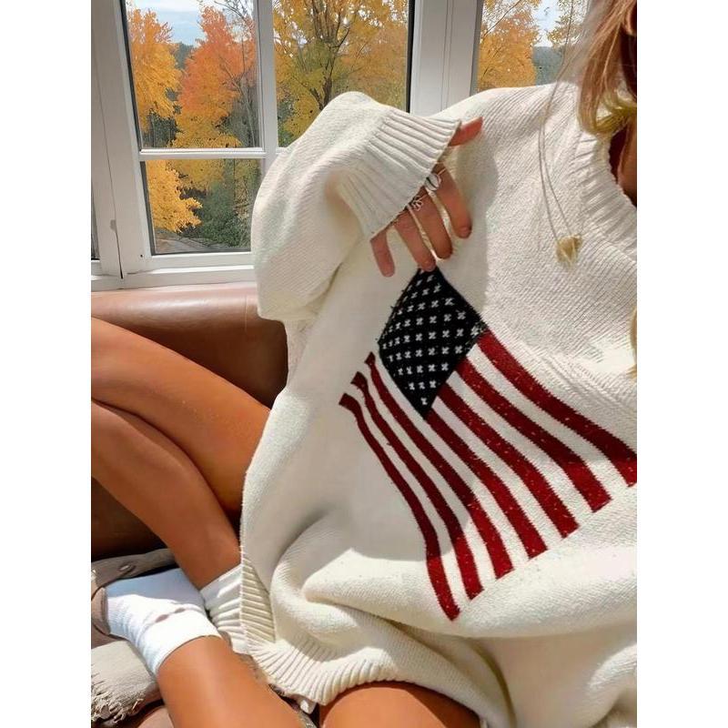 Women's American Flag Print Drop Shoulder Spring 4th Of July Sweater, Casual Fashion Loose Fit ...