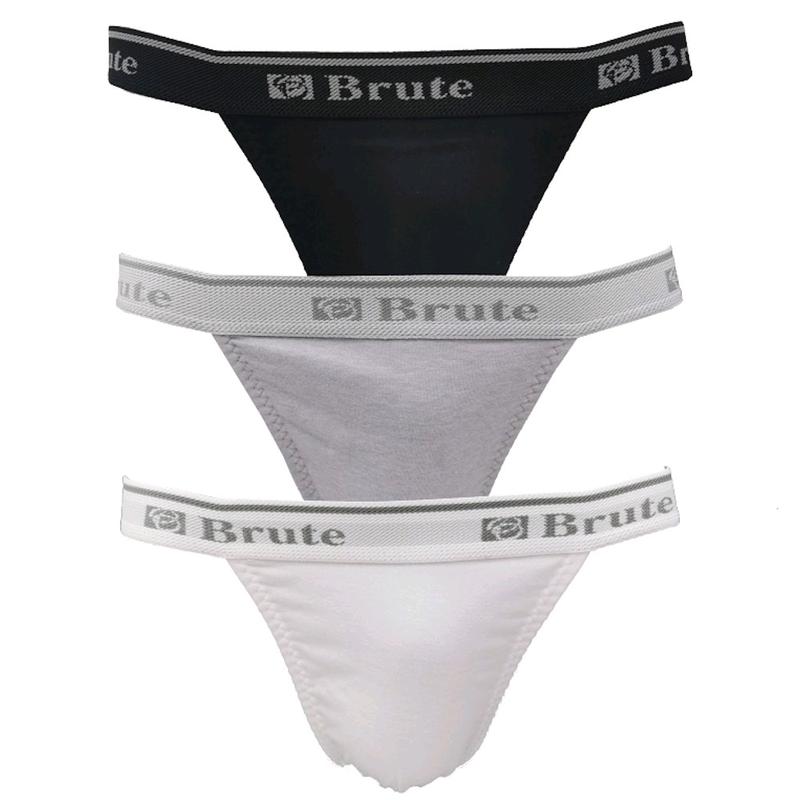 Brute Men's Twill Tanga Cotton Briefs - Pack of 3 (Black, Gray ...