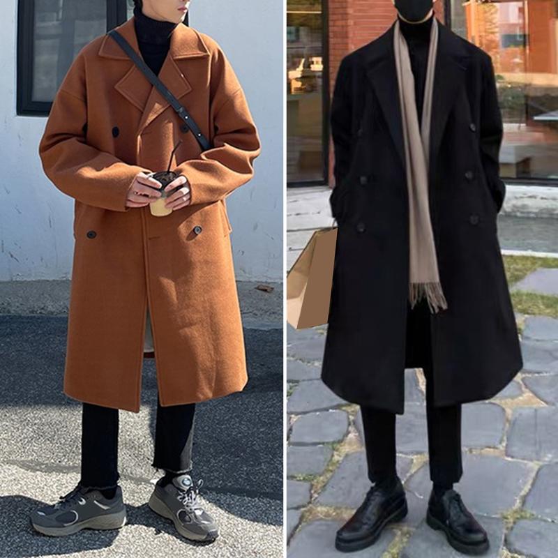 Qikbjgs Men Woolen Coat Lapel Long Sleeve Double-Breasted Windbreaker ...