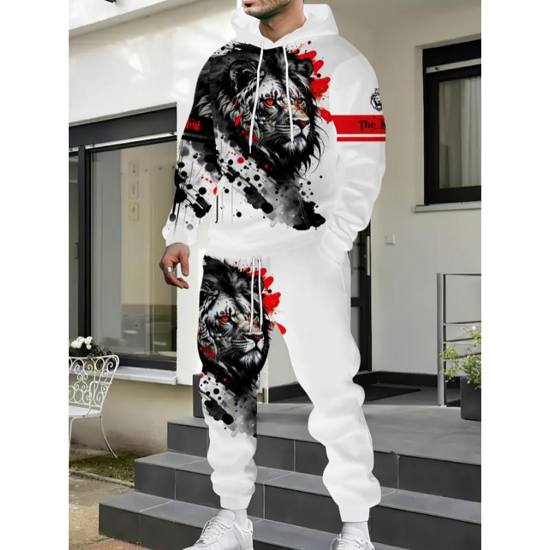 Men's Casual 2pcs Set, Lion Ink Print Hoodie And Jogger Pants, Spring ...