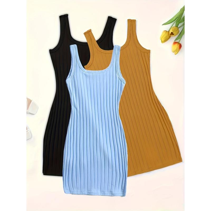 [3pcs Solid Ribbed Tank Dress] 3pcs Solid Ribbed Knit Tank Dress ...