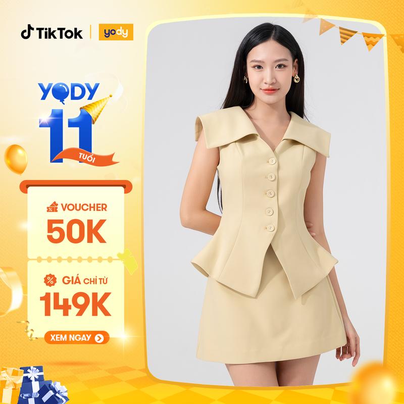 [ Flash sale ]YODY Set Áo váy Nữ Cổ Đức Cúc Bọc Thanh lịch Sang ...
