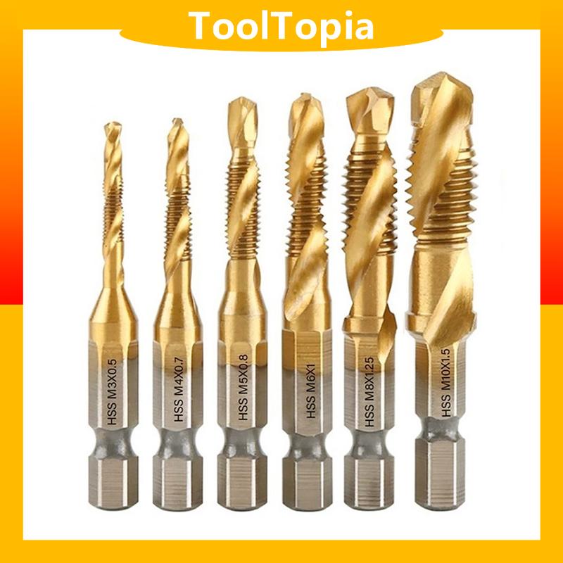 ToolTopia｜6PCS Thread Tap Drill Bit Set Hand Tap Hex Shank Titanium ...