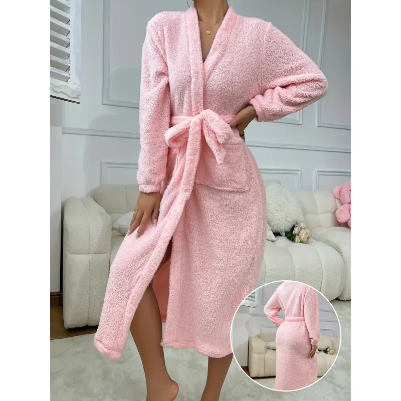 Solid Fuzzy Thick Night Robe for Fall & Winter, Long Sleeve Lapel ...