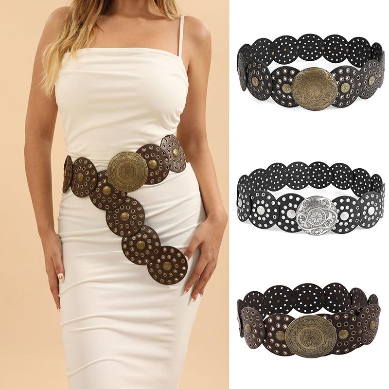 [RAR]Wide Boho Disc Belt Women Vintage PU Leather Hollow Western ...