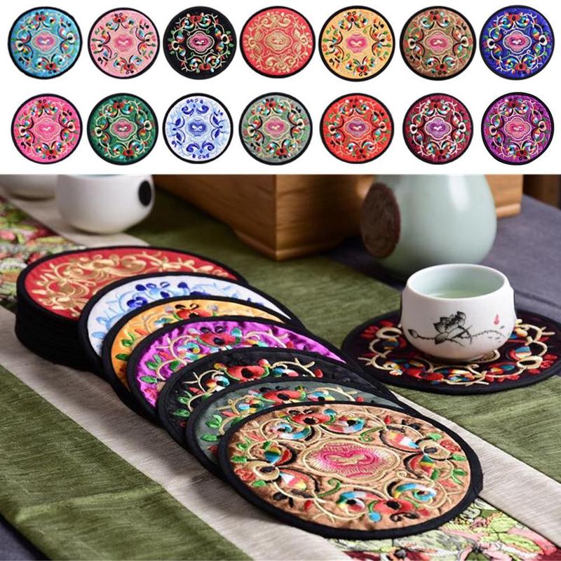 Coaster bulat bersulam gaya Cina, tikar makan tahan panas, tikar ...