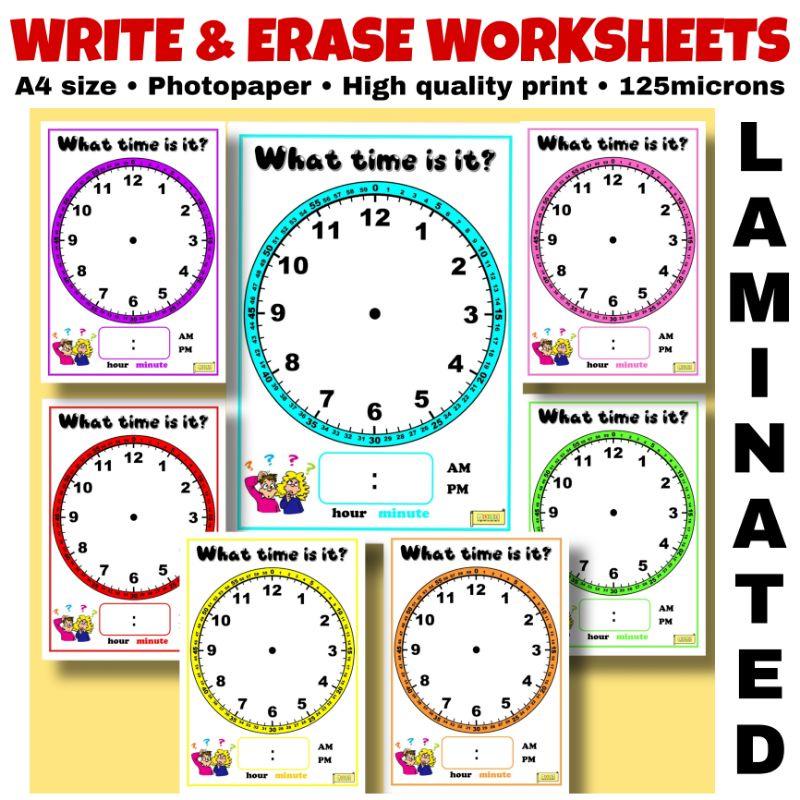 Telling time teaching clock Write&Erase A4 size Laminated Plastic ...