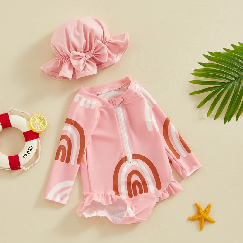 Pakaian mandi 2 helai untuk bayi perempuan, leher bulat, lengan ...