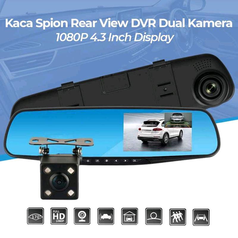 Kaca Spion Rear View DVR Dual Kamera Dashcam 1080P 4.3 Inch Display ...