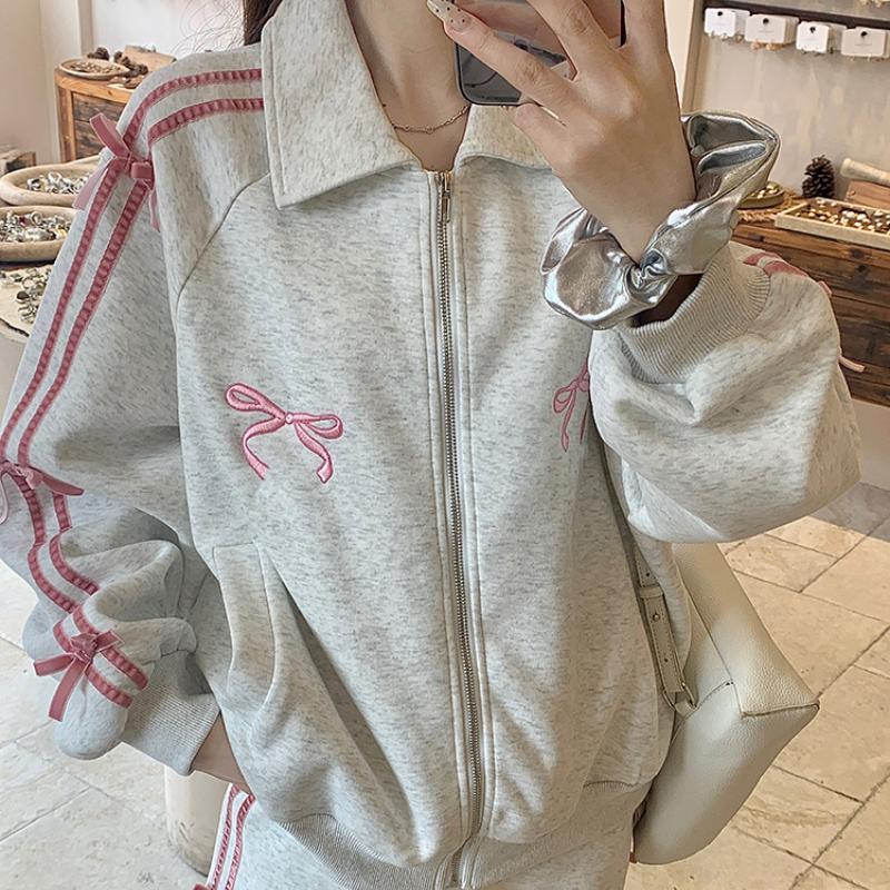 VELIN M-2XL Wanita Korean Zip Up Sweatshirt Bow Embroidery Santai ...