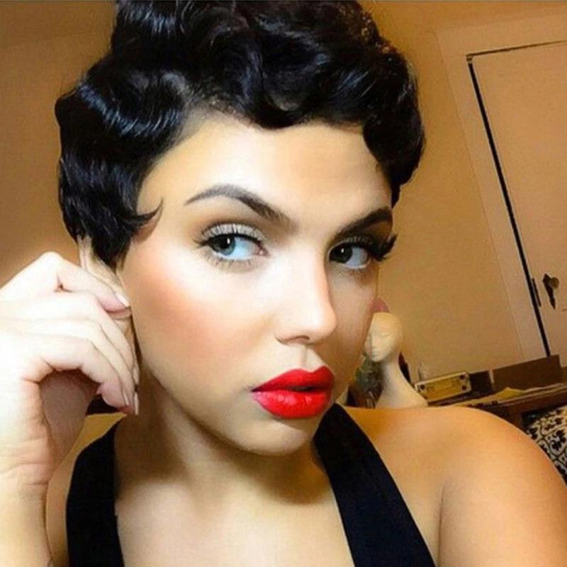 Wave ripple 100% Human Hair Pixie Cut Wigs Full Machine Wig Short ...