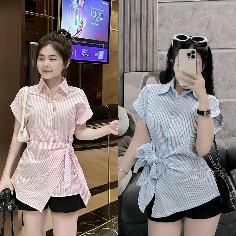 Set bộ áo sơ mi kẻ sọc, cột nơ eo tà xéo phối quần Short đen - TikTok ...