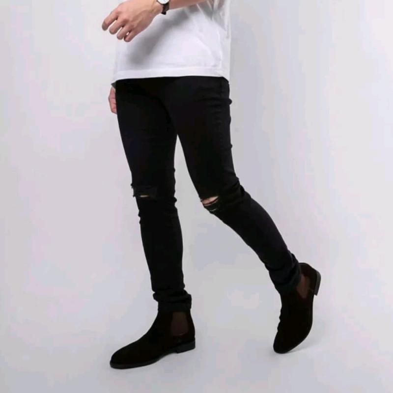 Celana sobek pria jeans pensil sobek dengkul stretch skinny hitam ...