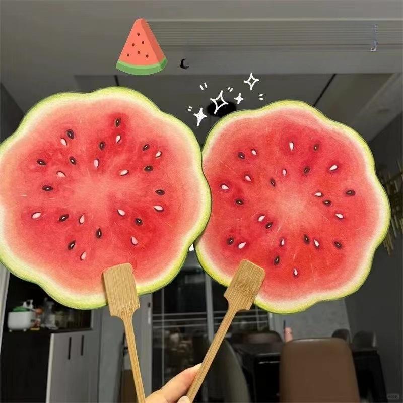 Simulated watermelon group fan, handheld long-handled solid wood ...