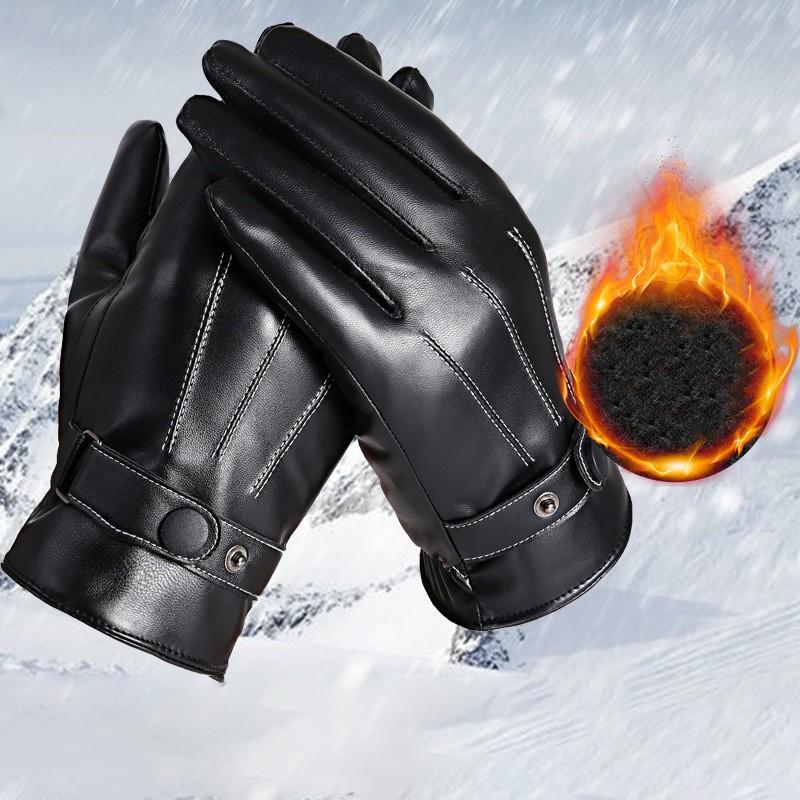 Gloves Men Winter PU Leather Black Gloves Button Warm Mittens Warm ...