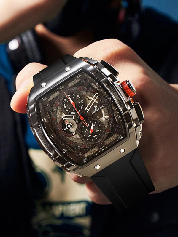 Mechanical Quartz Wristwatch, Barrel Shaped Three-Eye Timer Watch, Six ...