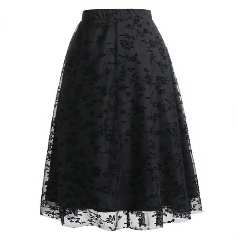 Women's Floral Embroidery Contrast Mesh A Line Skirt, Elegant Waist ...