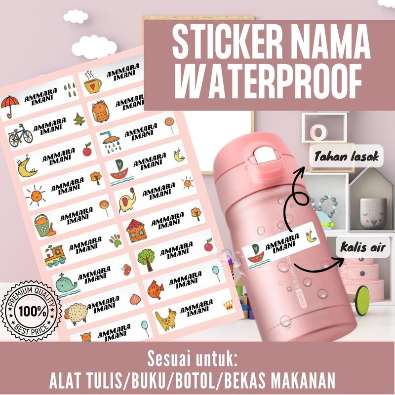 Waterproof Name Sticker / Colourful Name Sticker / Sticker Nama Kartun ...