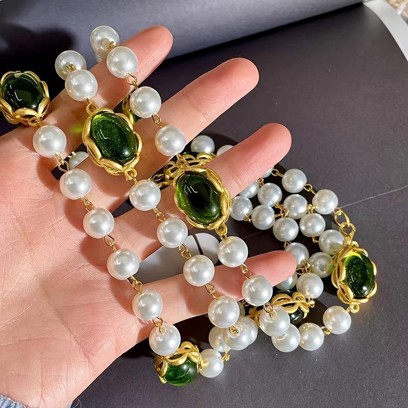 Kalung Panjang Mutiara Simulasi, Hijau Zamrud dan Putih Anggun ...