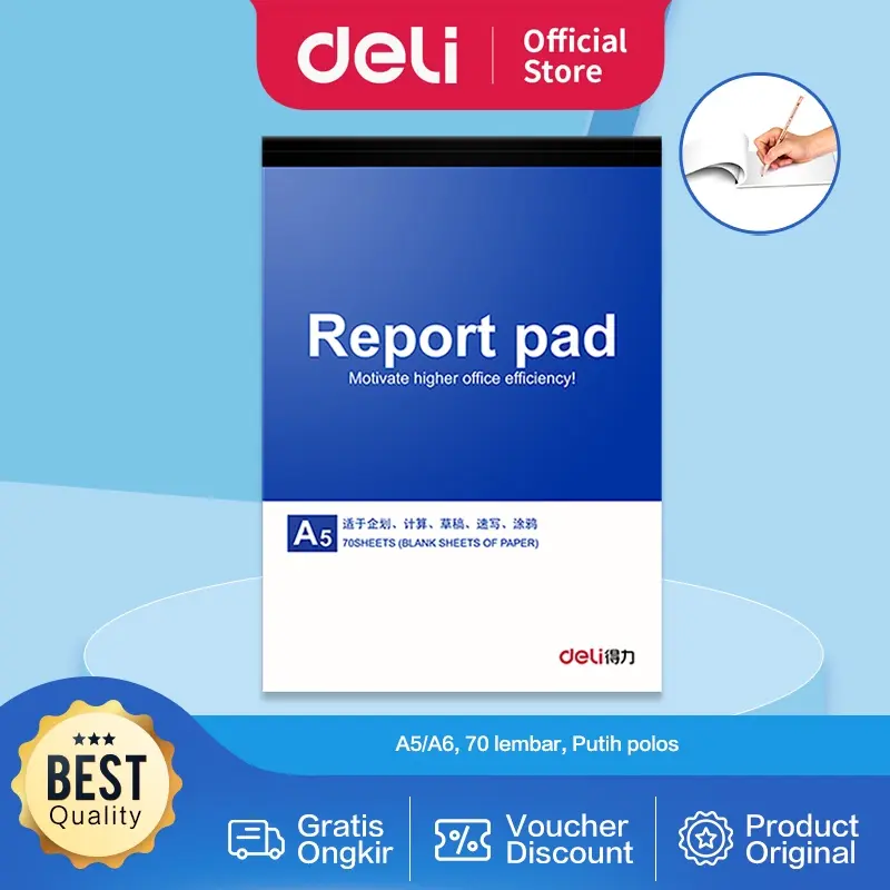 Deli Report Pad / Buku Memo A5/A6 Sampul Biru 70 Lembar 7712 7713 ...