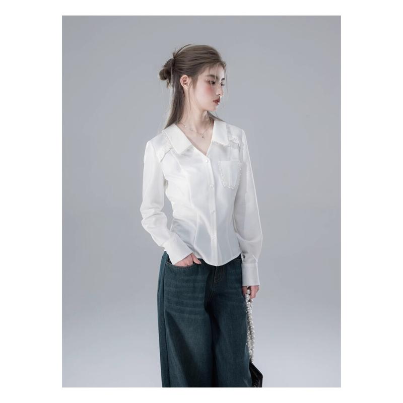 FADFAD Atasan kemeja putih lengan panjang terdapat kancing sebaris ...