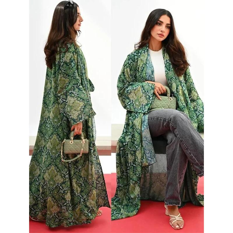 Eid Print Abaya with Scarf Women Muslim Long Robe Ramadan Morocco ...