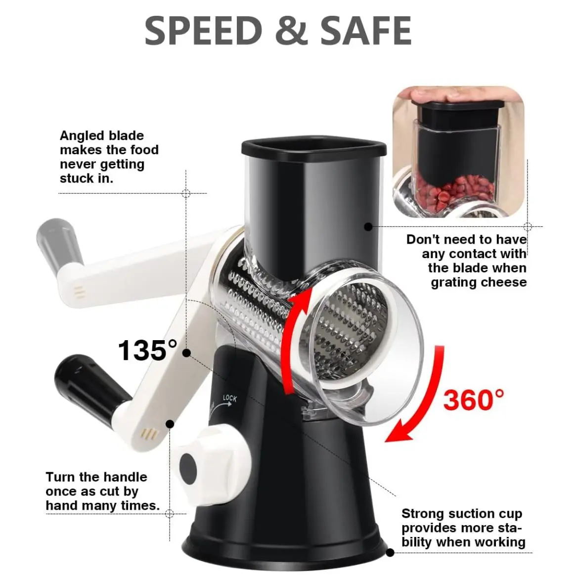 Rotary Cheese Grater with 3 Replacement Blade, 1 Piece Manual Vegetable ...