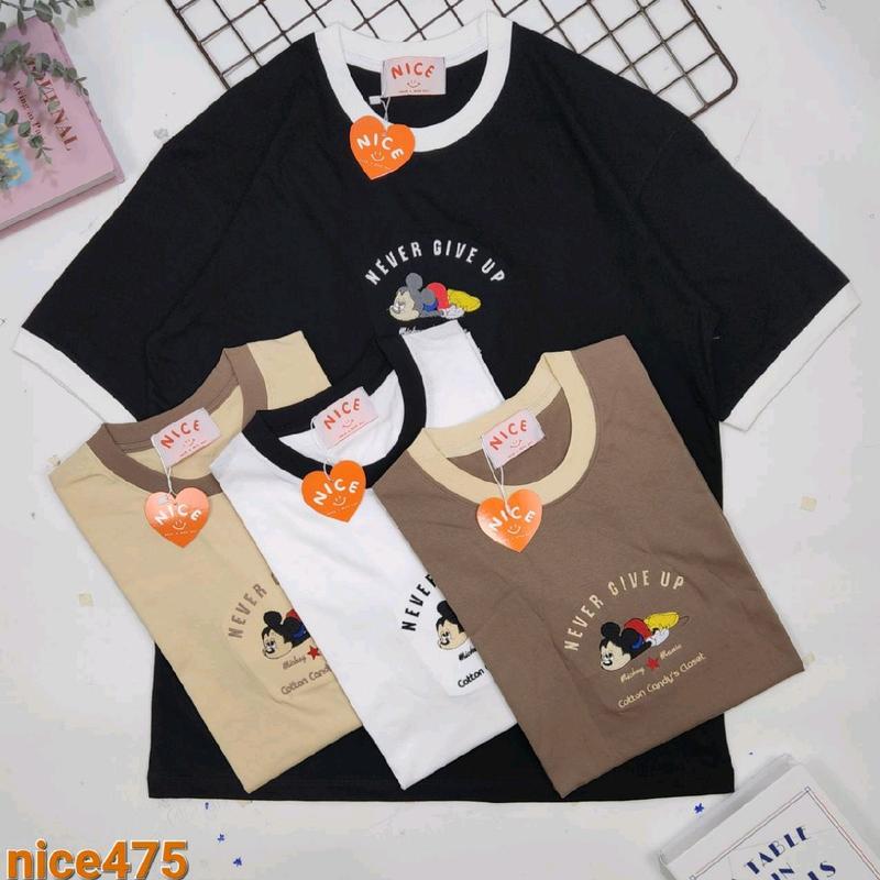 เสื้อยืดOversize คอสี-แขนจั๊ม งานปัก NEVER GIVE#2- Mickey (NICE)อก44-46 ...