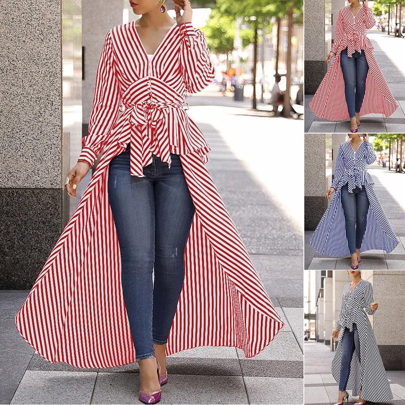 Gaun Wanita, Baju Atasan Sifon, Labuh Asimetri Berjalur, Blaus - TikTok ...
