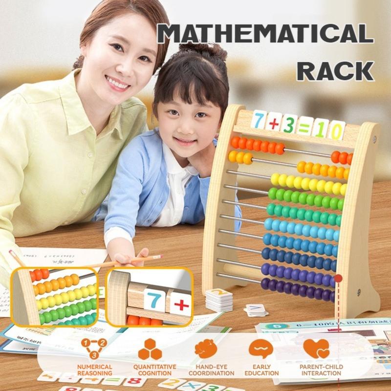 Wooden Puzzle Abacus Count Frame Rainbow Color 10-Row Math Counting ...