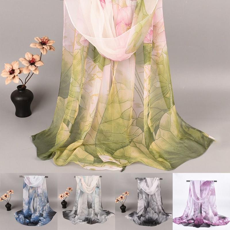 Selendang Sutera, Rekaan Bergaya, Corak Teratai, Permukaan Satin ...