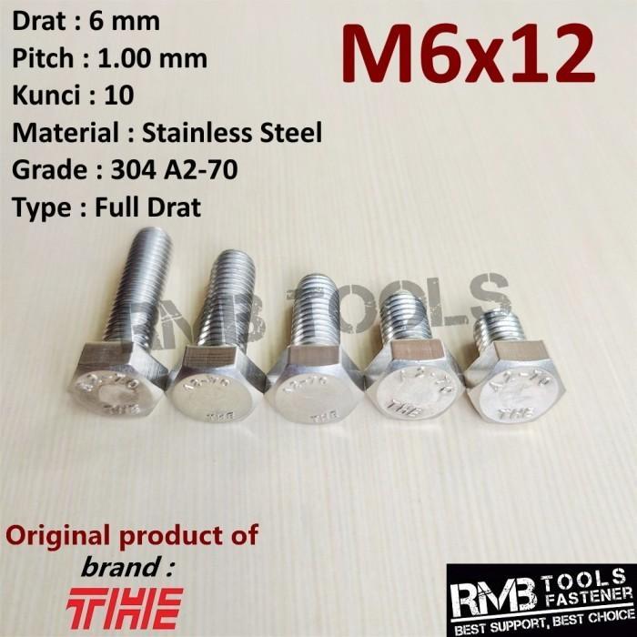 Jual M6x12 Baut Hex Stainless Steel 304 Grade A2-70 Pitch 1.00 Kunci 10 ...