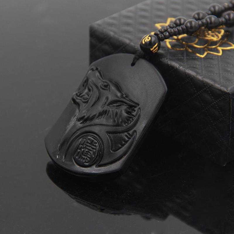 nhong Simple Obsidian Wolf for Head Pendant Necklace Adjustable ...