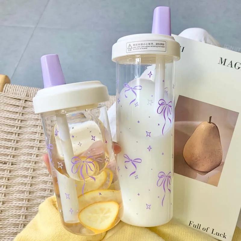 New 500ml/850ml Purple Bow Straw Water Cup For Girls Women Cute Coffee ...