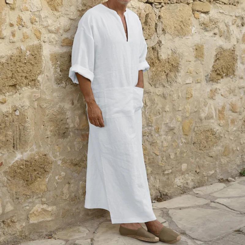 White Jubba Thobe Mens Casual Cotton Linen Blended Fashion Muslim ...
