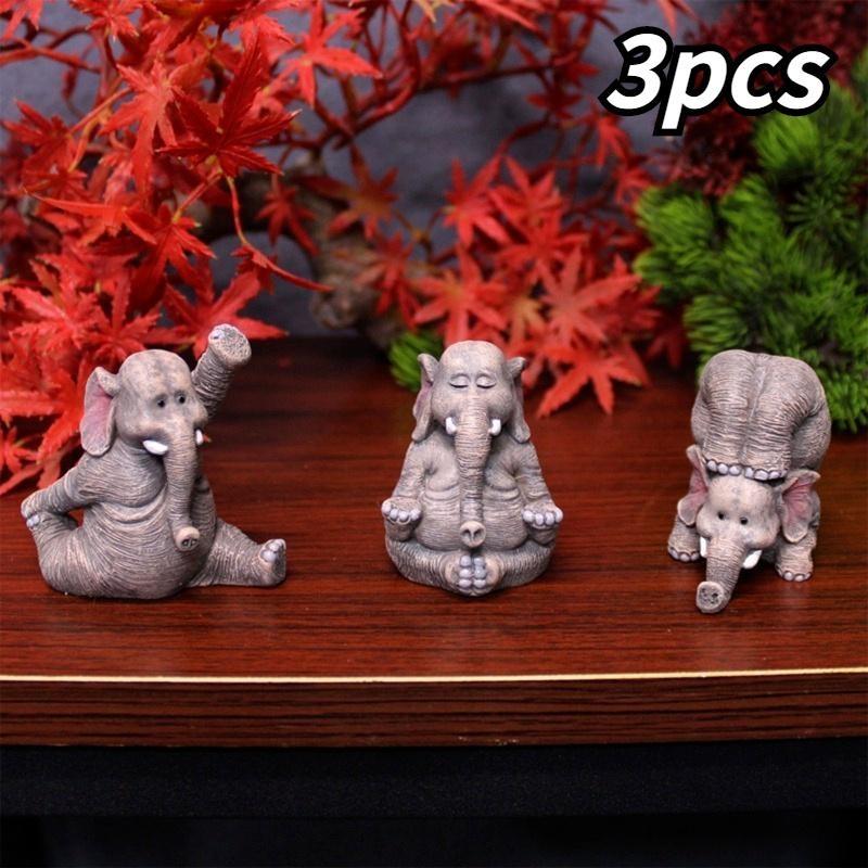 Patung Gajah Yoga, Mini, Set 3 Keping, Diperbuat daripada Resin, Hiasan ...